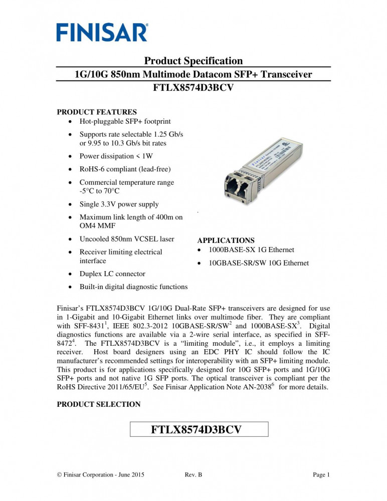 FTLX8574D3BCV datasheet page 1