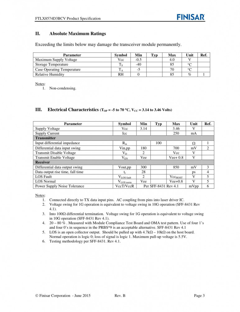 FTLX8574D3BCV datasheet page 3
