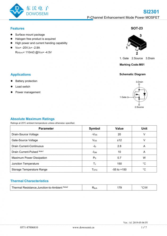DOWO SI2301 datasheet page 1
