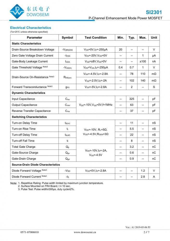 DOWO SI2301 datasheet page 2