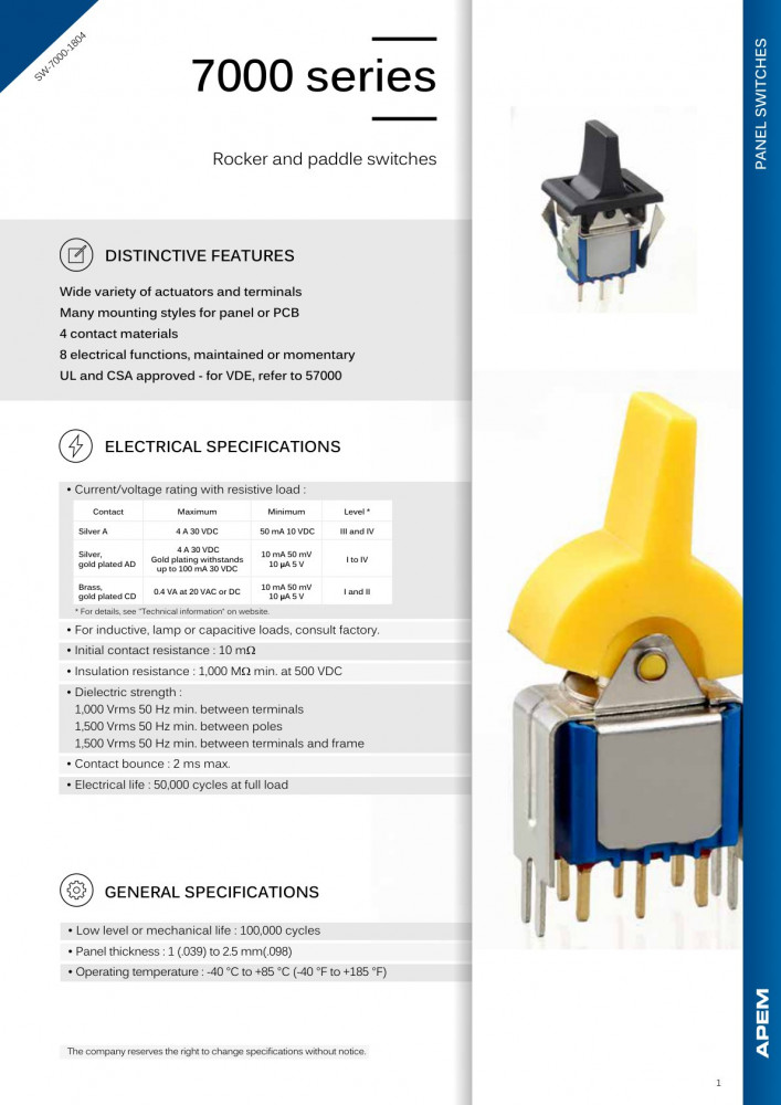 APEM 7000 series datasheet page 1
