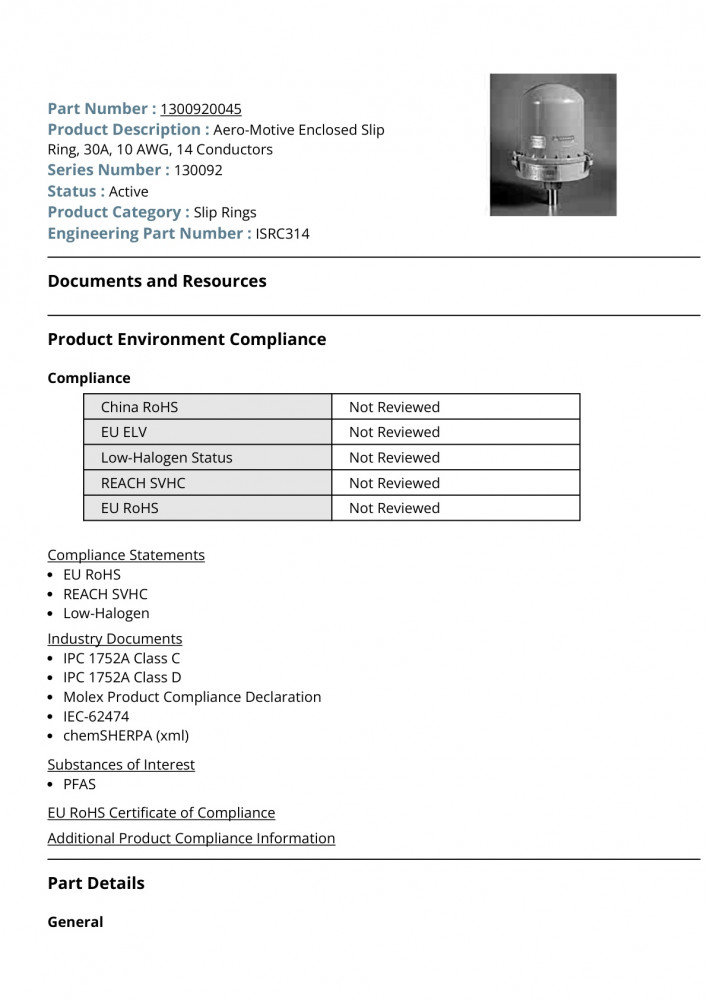 MOLEX Aero-Motive enclosed slip ring technical visual, page 1
