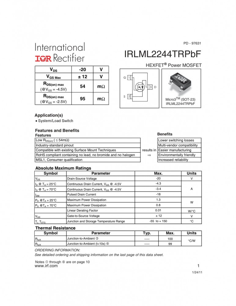 IRLML2244TRPBF datasheet page 1