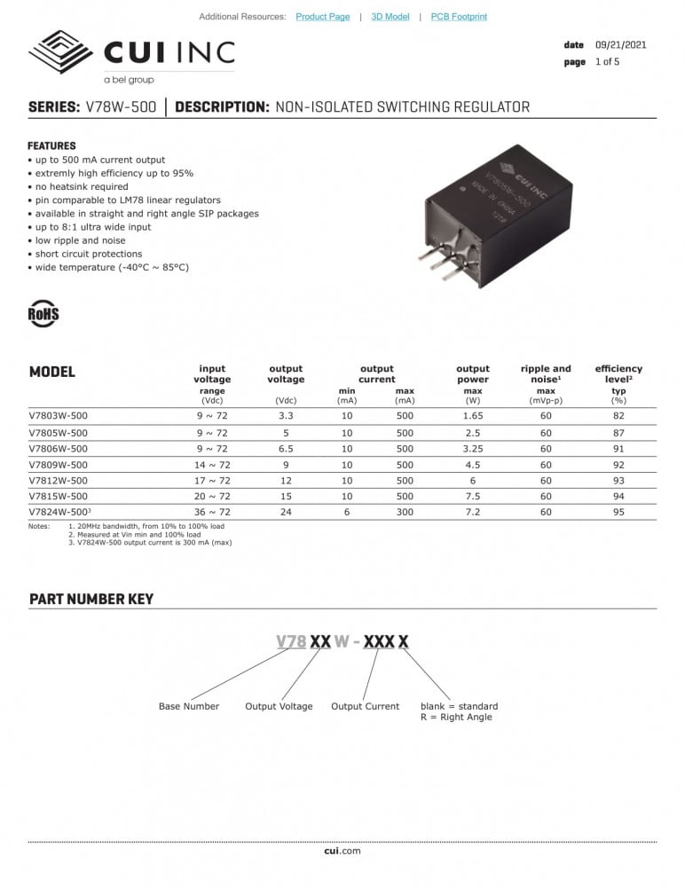 CUI V7805W-500 datasheet page 1
