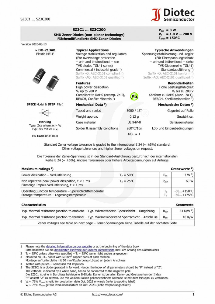 DIOTEC SZ3C series datasheet page 1