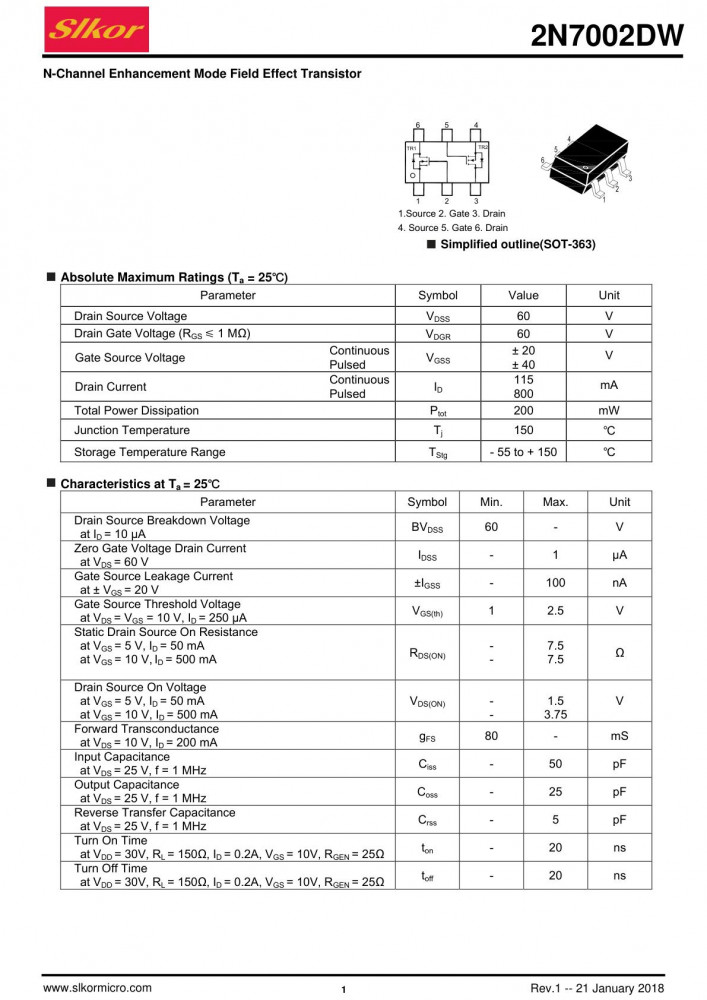 2N7002DW datasheet page 1
