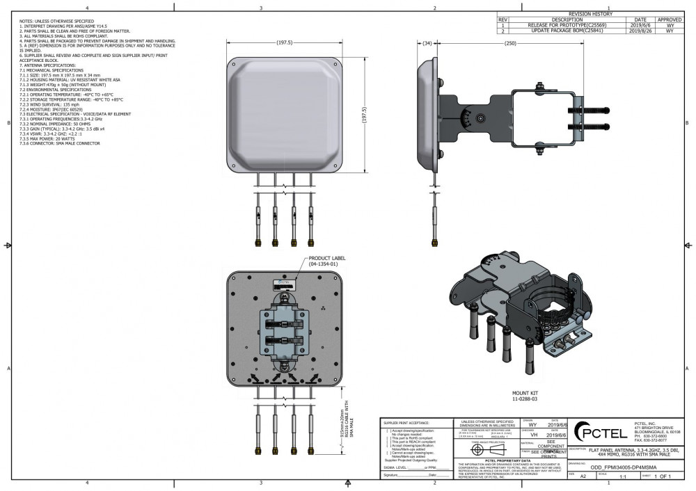 FPMI34005-DP4MSMA flat panel antenna drawing page