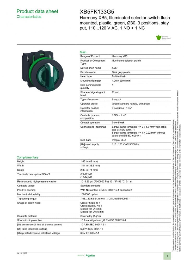 XB5FK133G5 technical document page 1