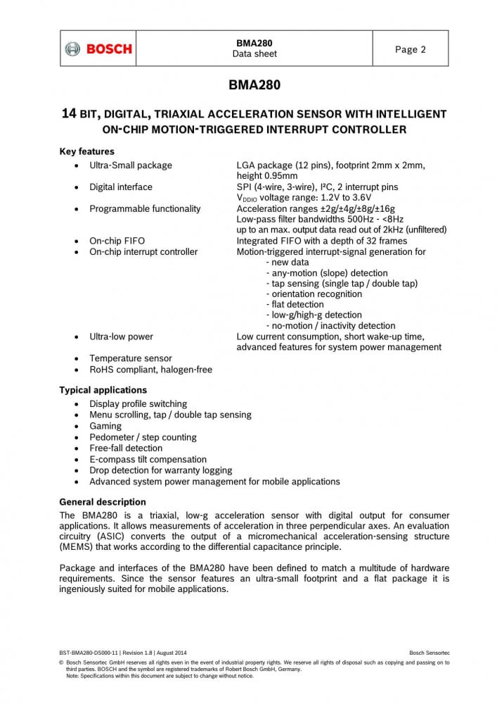 BMA280 datasheet page 2