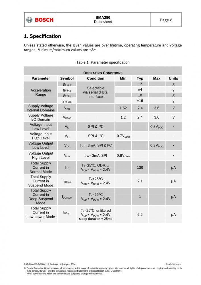 BMA280 datasheet page 8