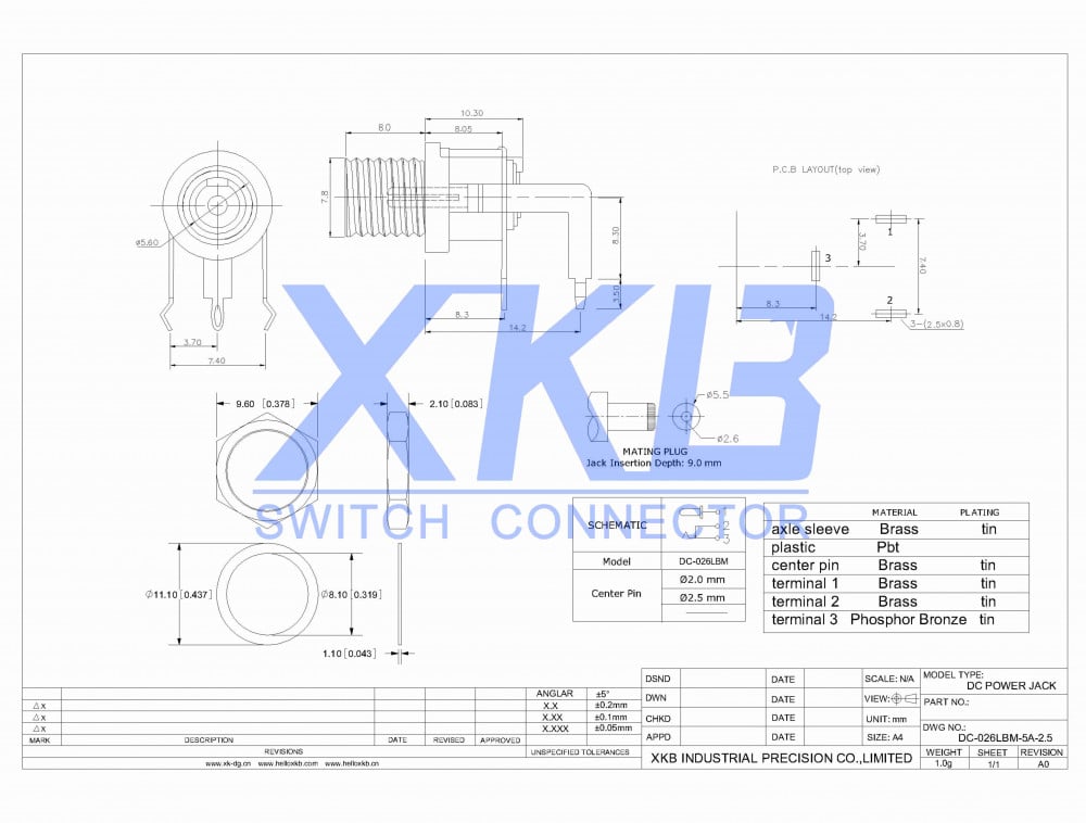 XKB Connection DC-026LBM-5A-2.5 technical drawing