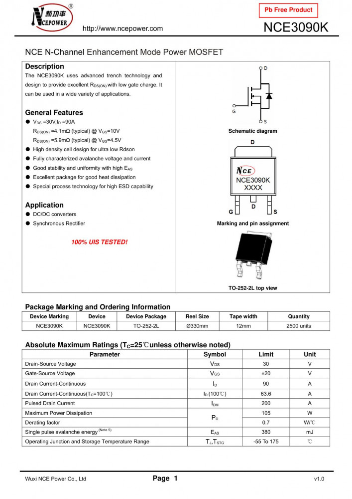 NCE3090K datasheet page 1