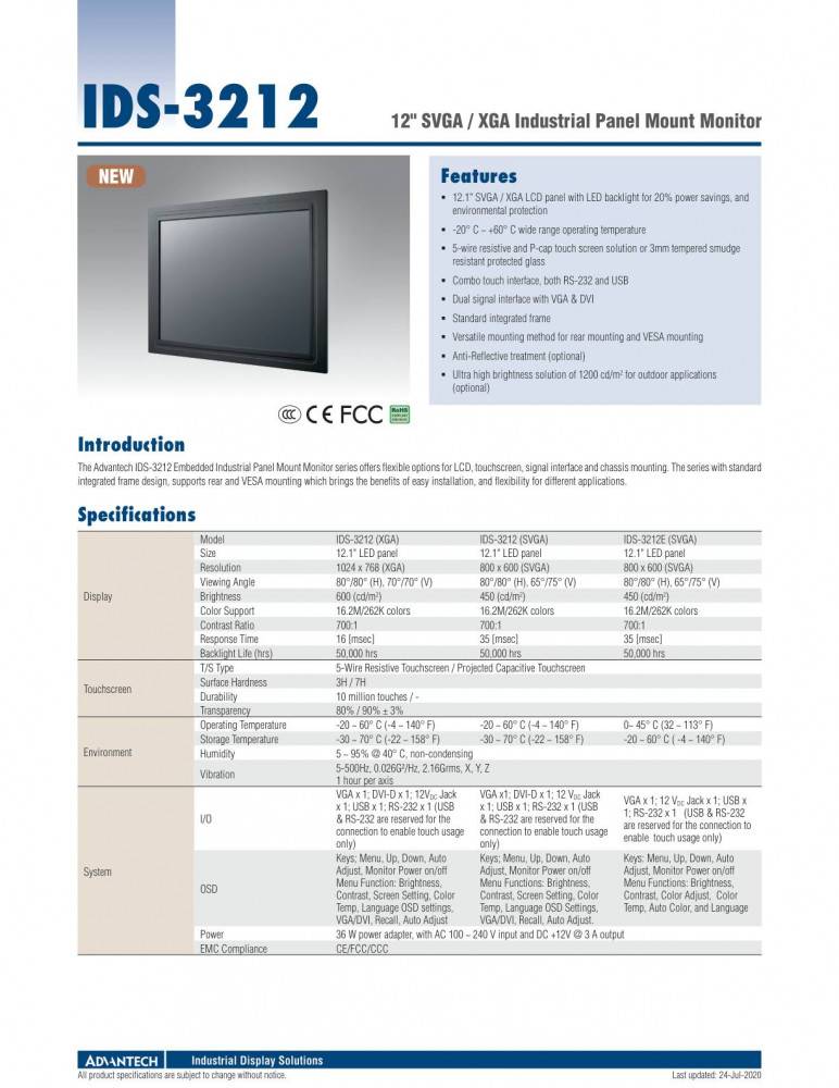 ADVANTECH IDS-3212 technical datasheet page 1
