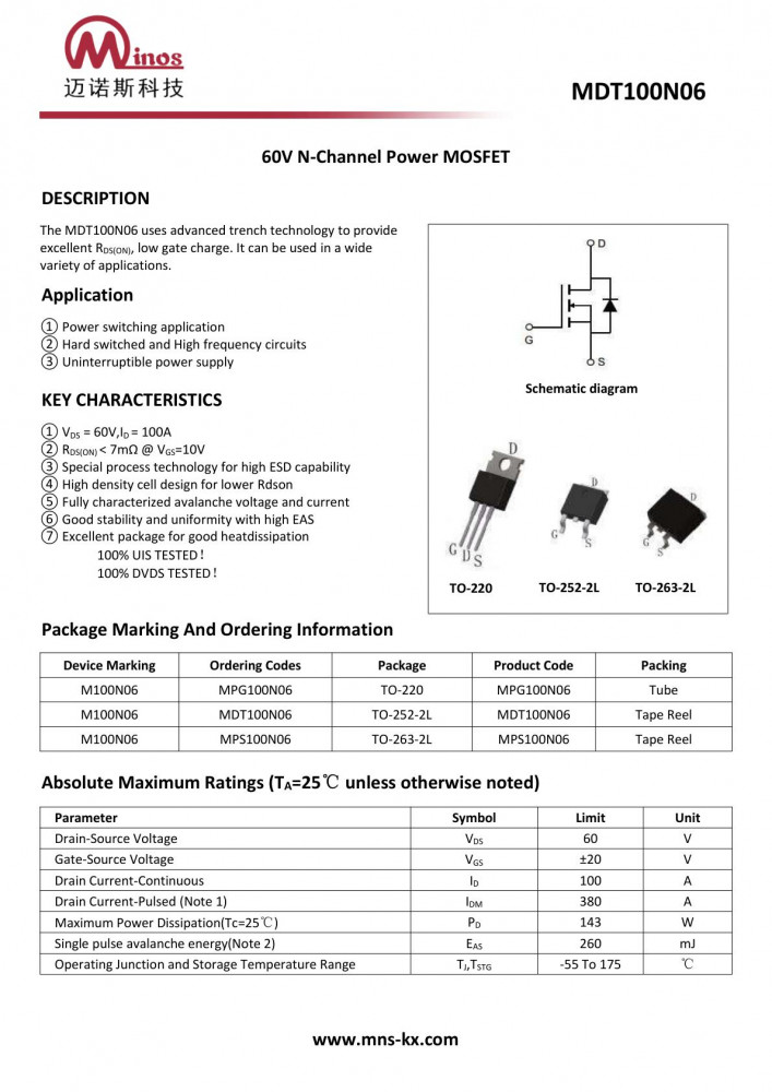 MDT100N06 datasheet page 1