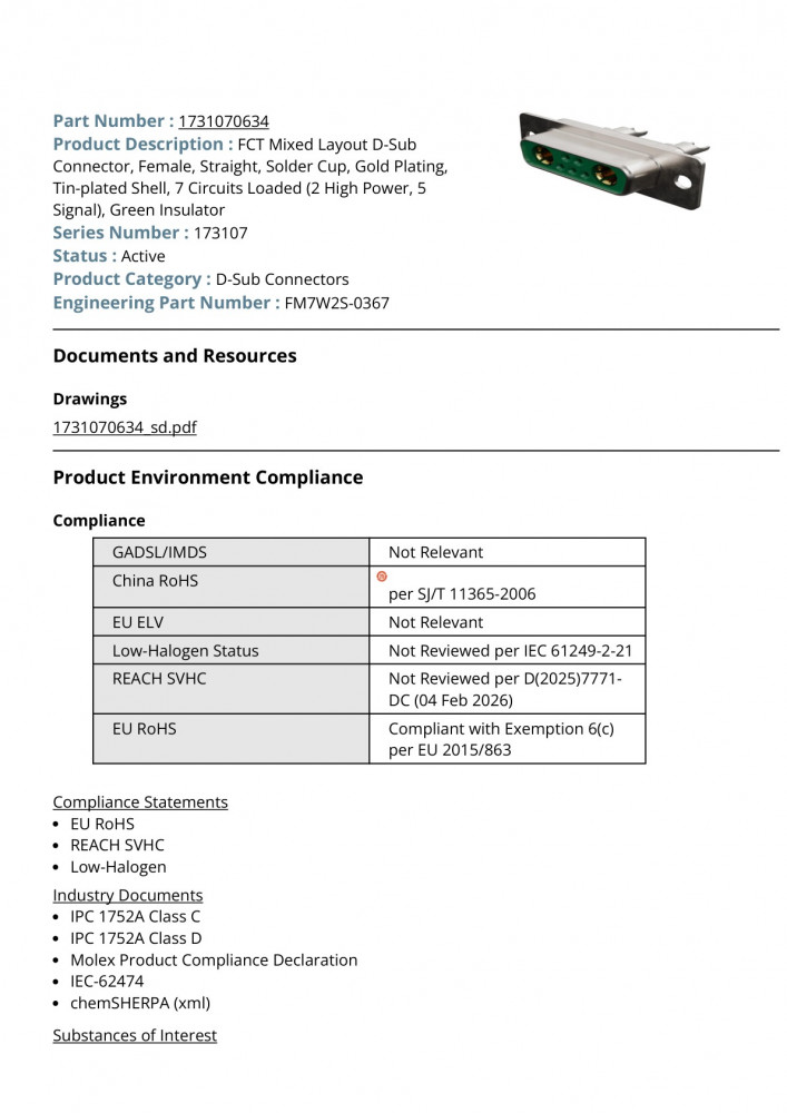 MOLEX 1731070634 product drawing, page 1