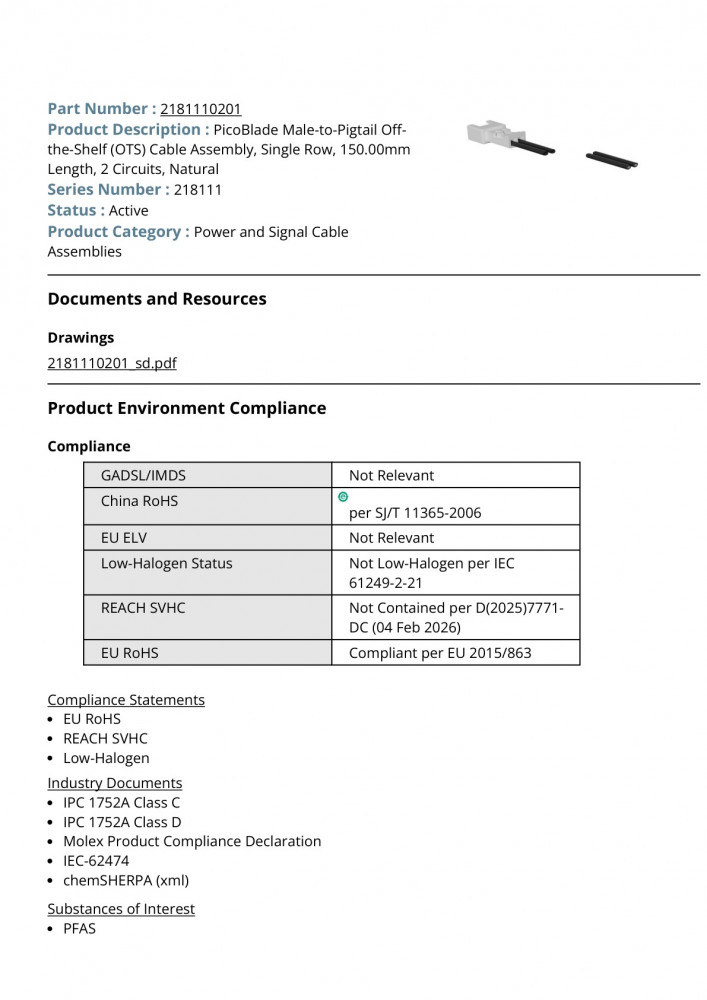 MOLEX 2181110201 drawing page 1