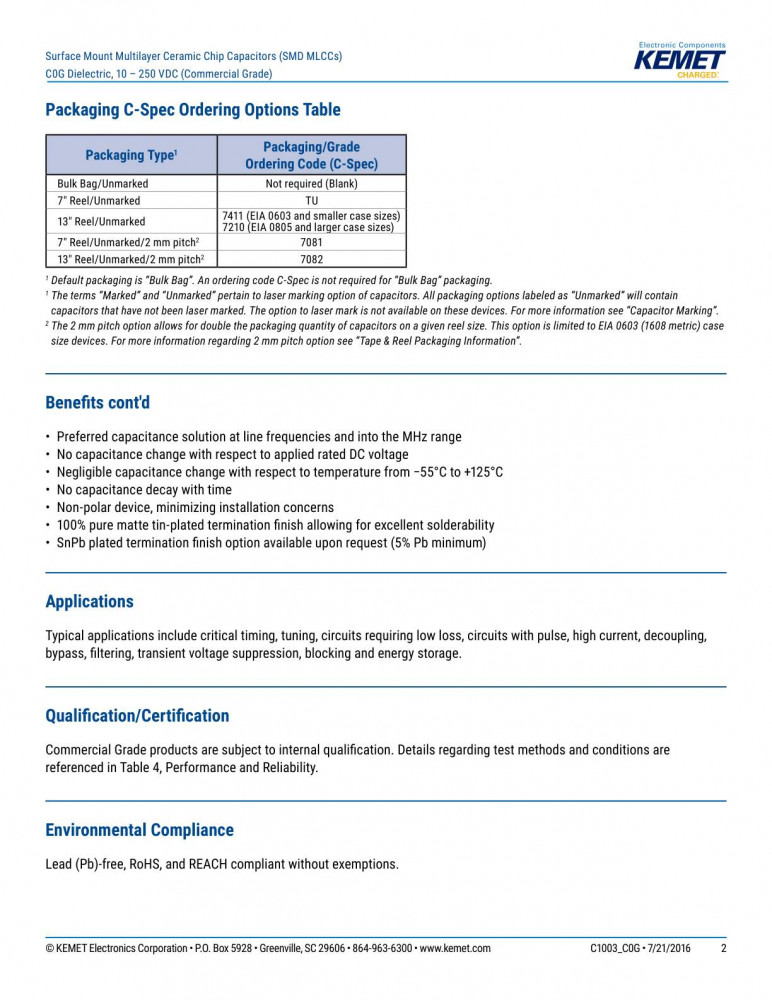 KEMET C0G datasheet page 2