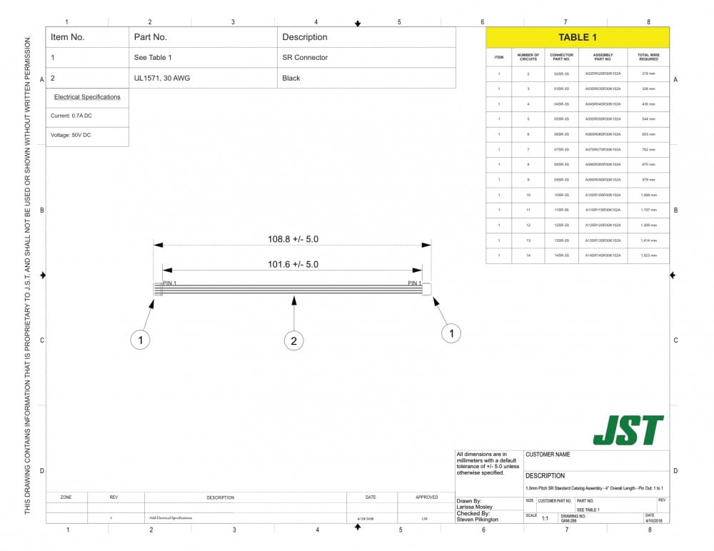 JST SR connector assembly technical document preview