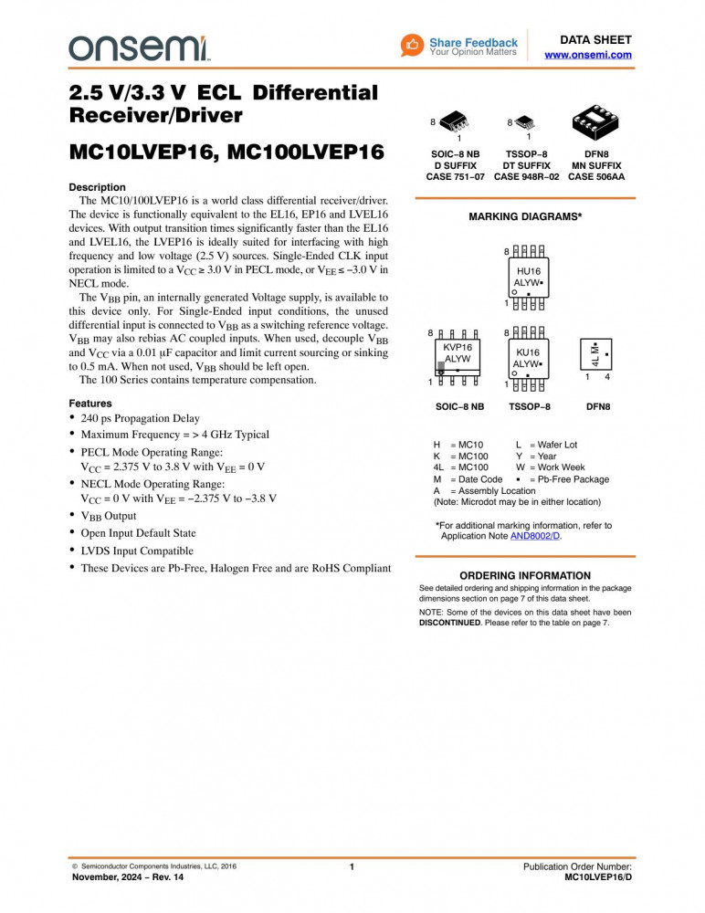 MC100LVEP16 datasheet page 1