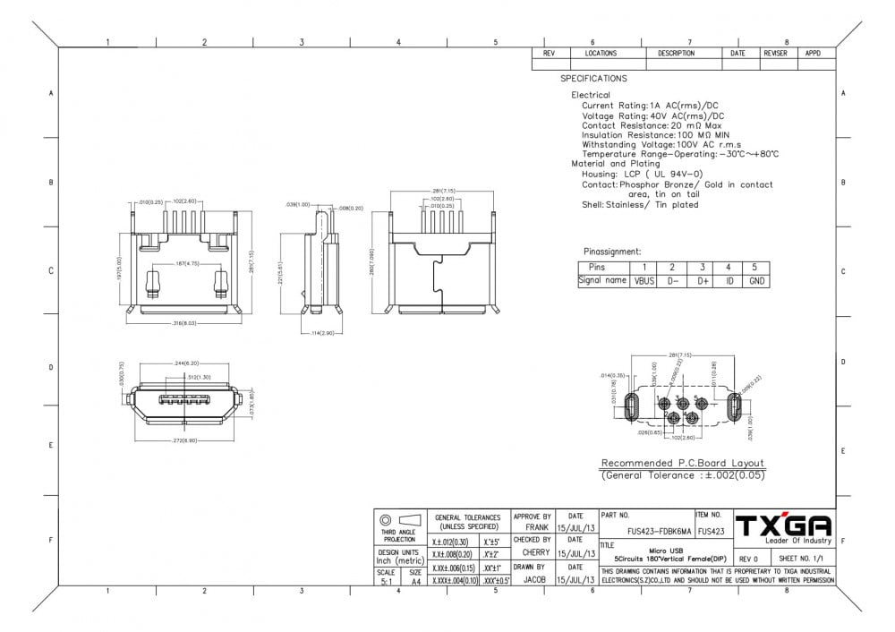 TXGA FUS423-FDBK6MB technical document page 1