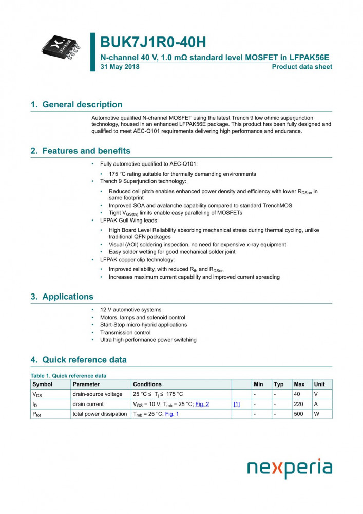 BUK7J1R0-40HX datasheet page 1