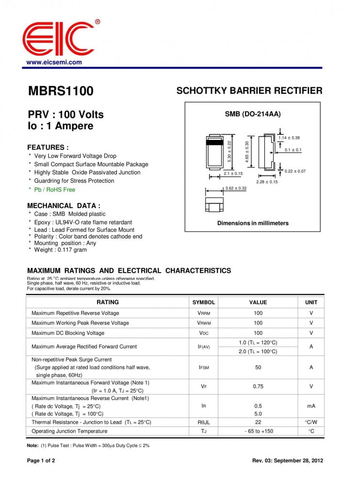 EIC MBRS1100 datasheet page 1