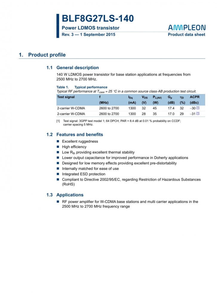BLF8G27LS-140,112 datasheet page 1