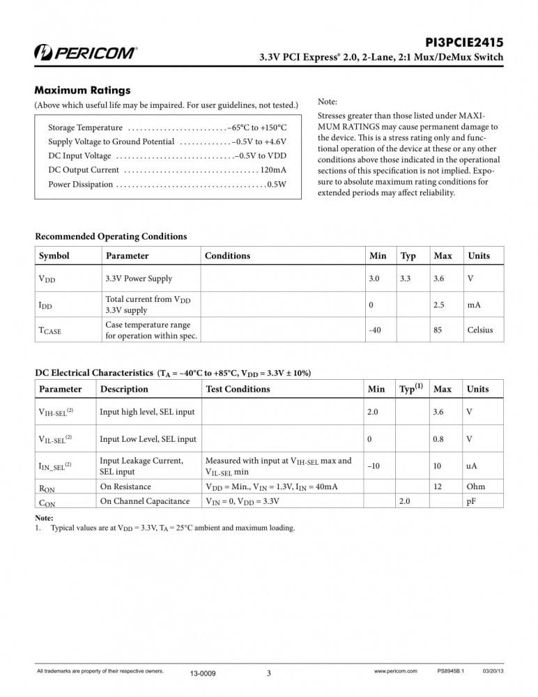 PI3PCIE2415ZHEX datasheet page 3