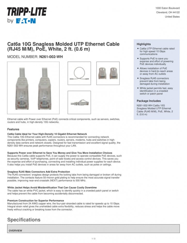 EATON N261-002-WH documentation page 1