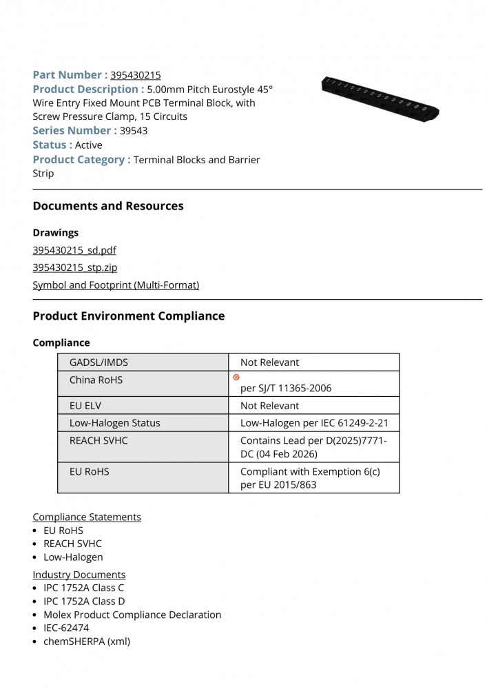 Molex technical document image 1 for material number 395430215
