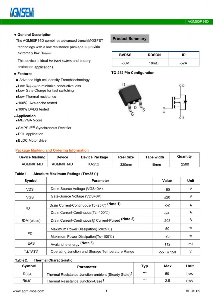 AGM60P14D datasheet page 1