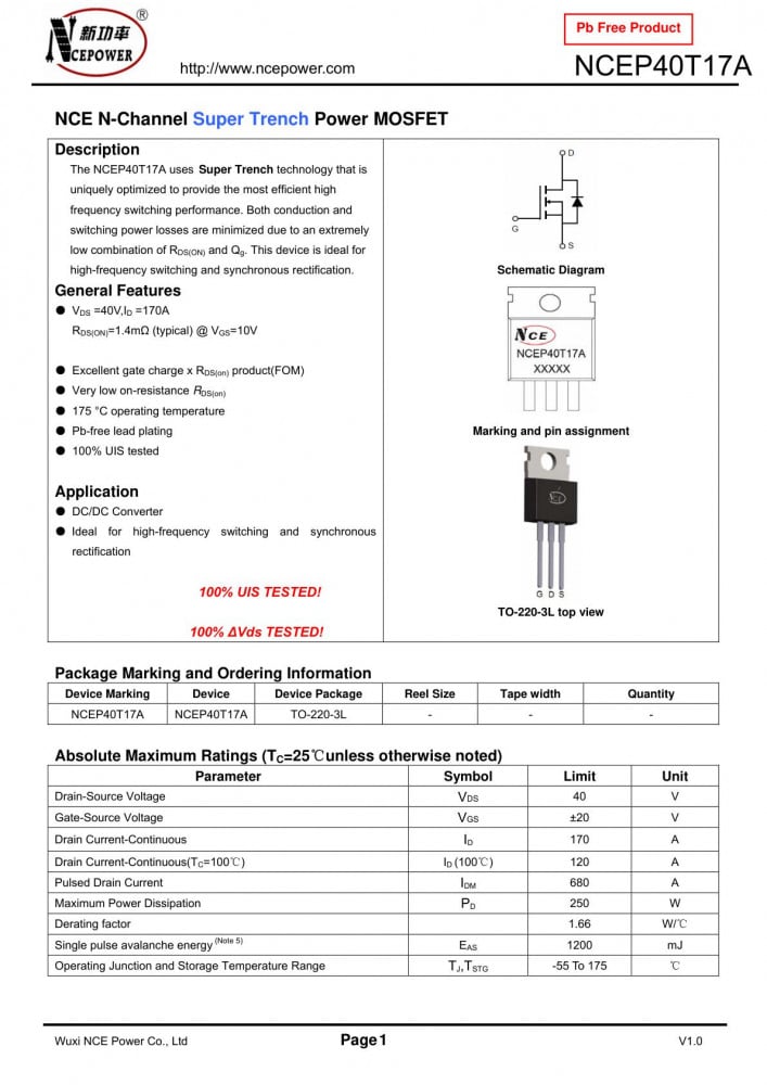 NCEP40T17A datasheet page 1