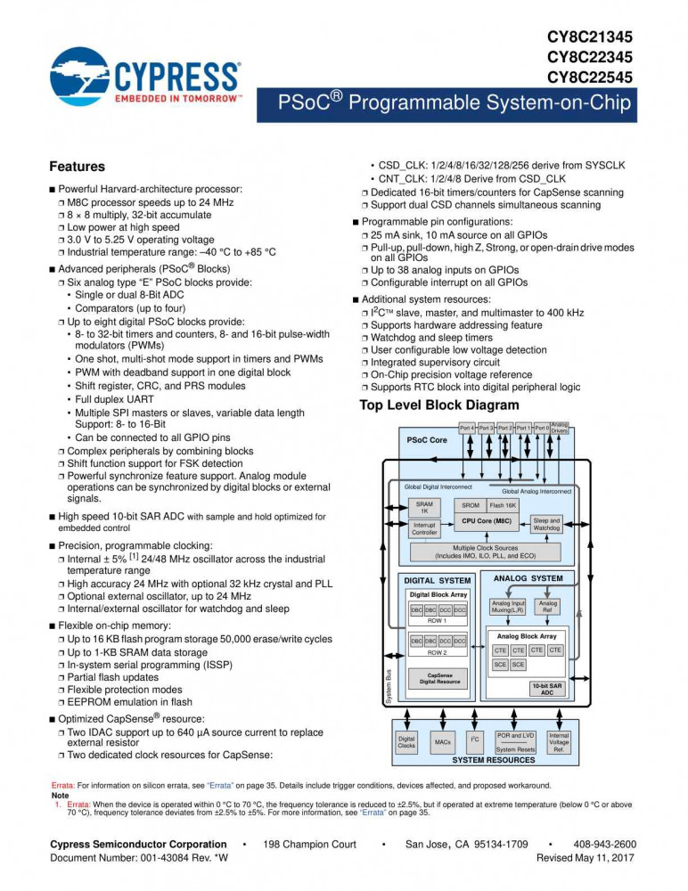 CY8C21345 technical document page 1