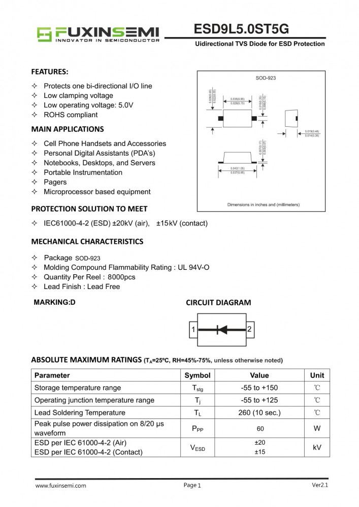 ESD9L5.0ST5G datasheet page 1