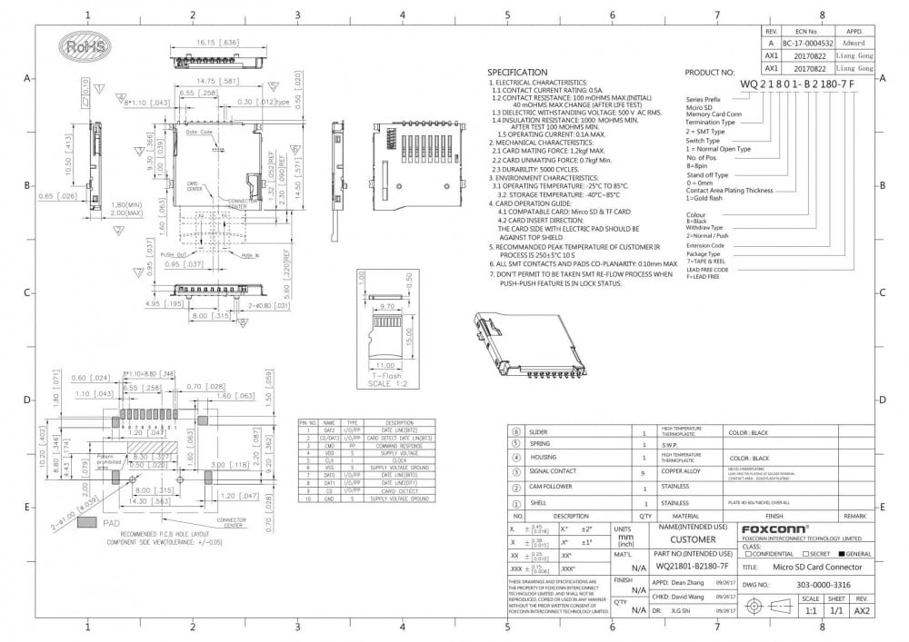 FOXCONN WQ21801-B2180-7F Micro SD connector drawing