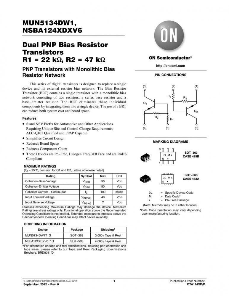 MUN5134DW1T1G technical document page 1