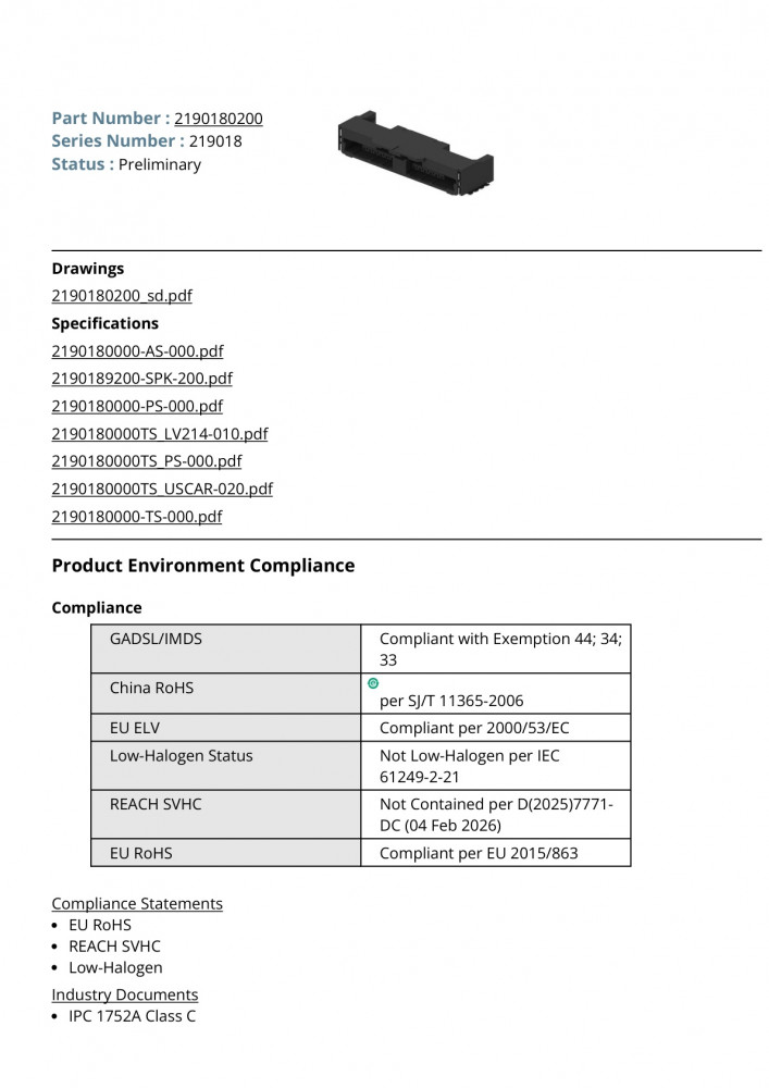 MOLEX 2190180200 product document image, page 1