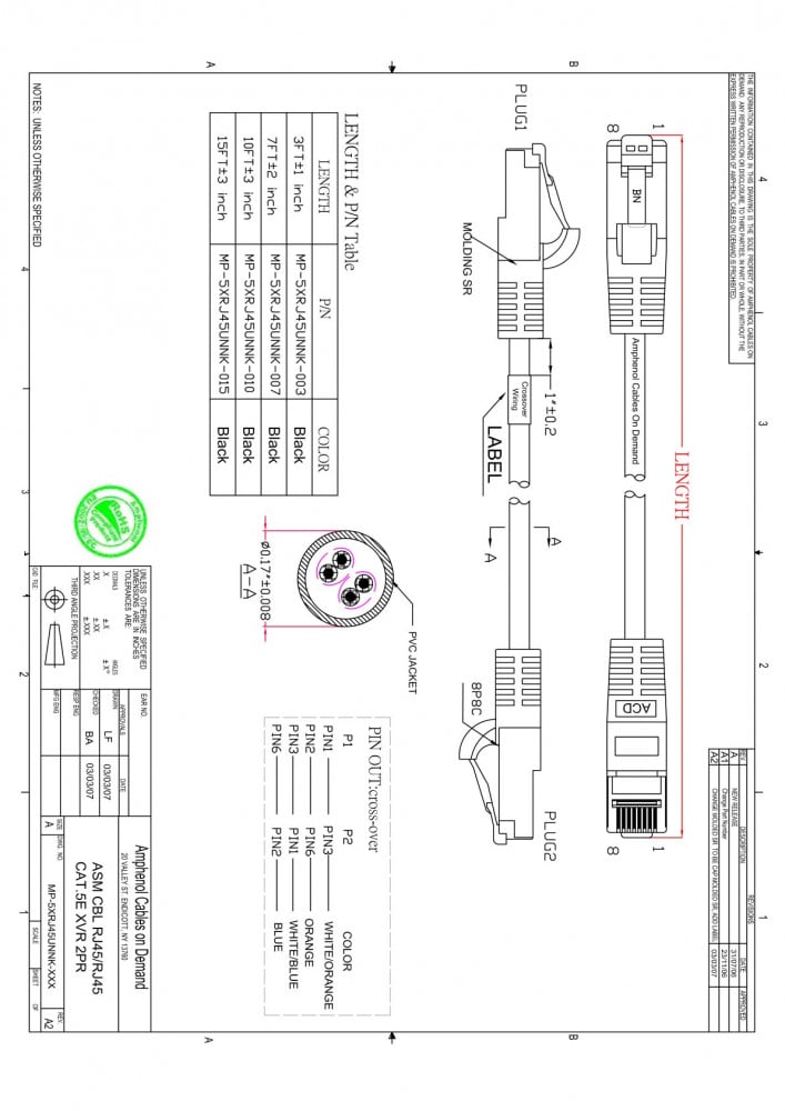 Amphenol MP-5XRJ45UNNK-010 technical drawing