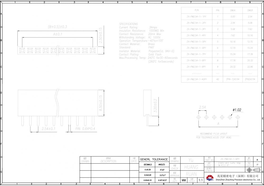 Megastar ZX-PM2.54-1-9PY technical drawing preview
