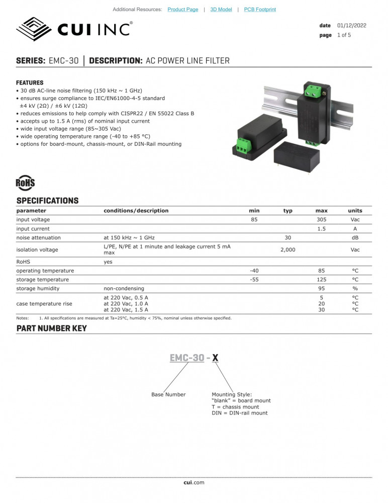 CUI EMC-30-T datasheet page 1