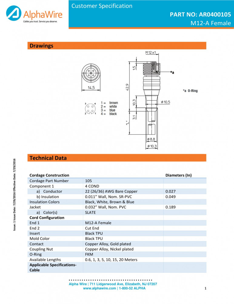 Alpha Wire AR0400105 SL359 technical drawing page 1