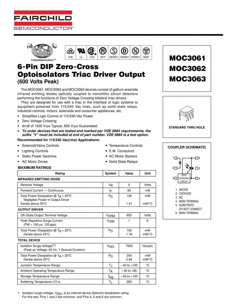 MOC3062 datasheet page 1
