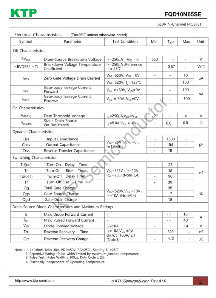 FQD10N65SE datasheet page 2