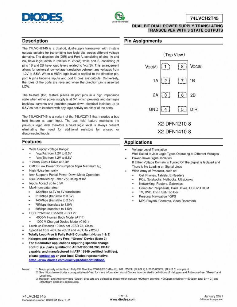 74LVCH2T45RA3-7 datasheet page 1