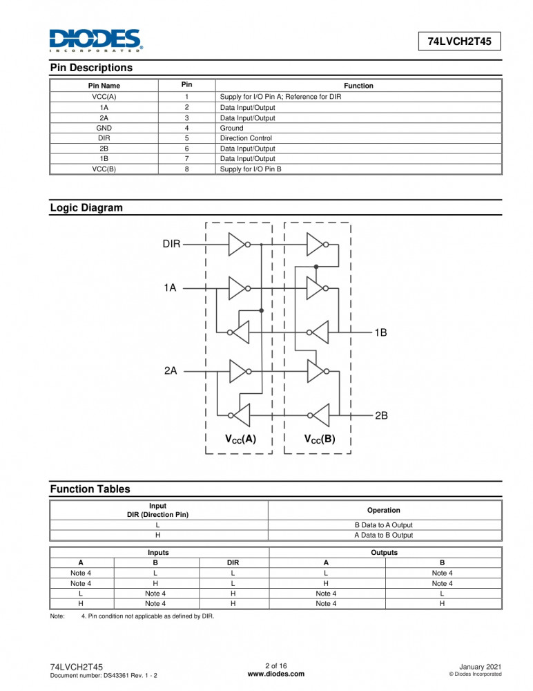 74LVCH2T45RA3-7 datasheet page 2