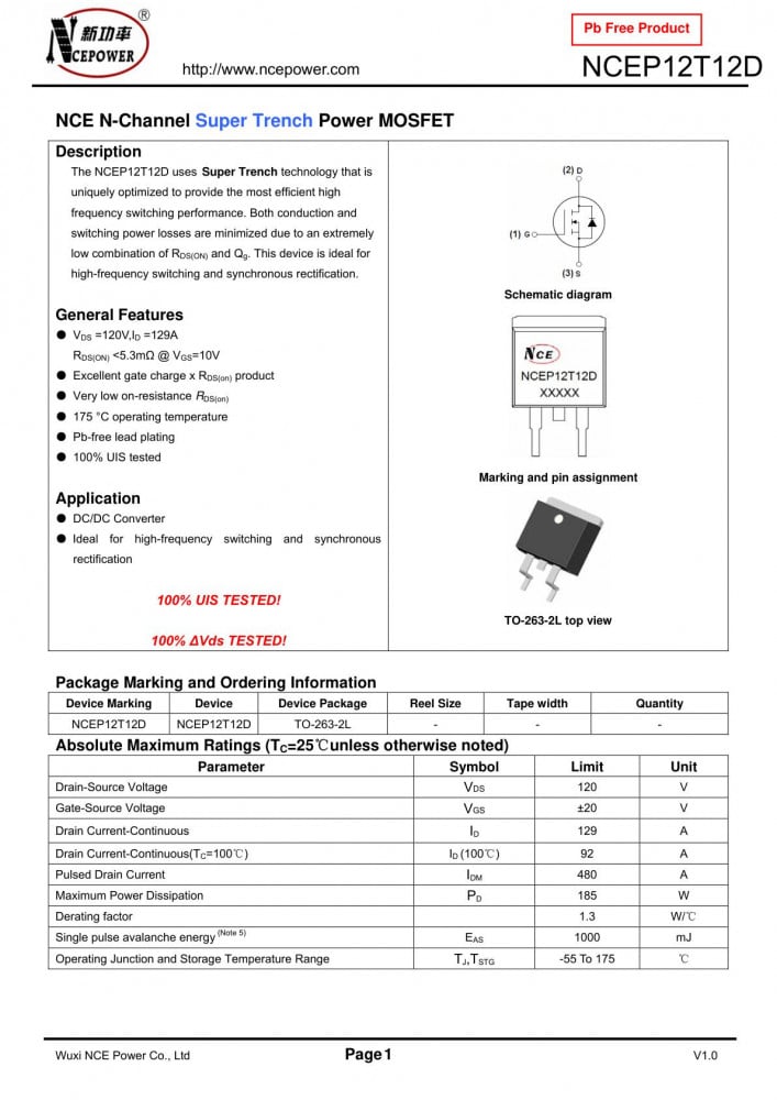NCEP12T12D datasheet page 1