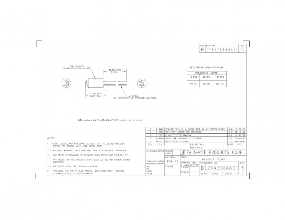 Fair-Rite 2943666631 technical drawing and specifications