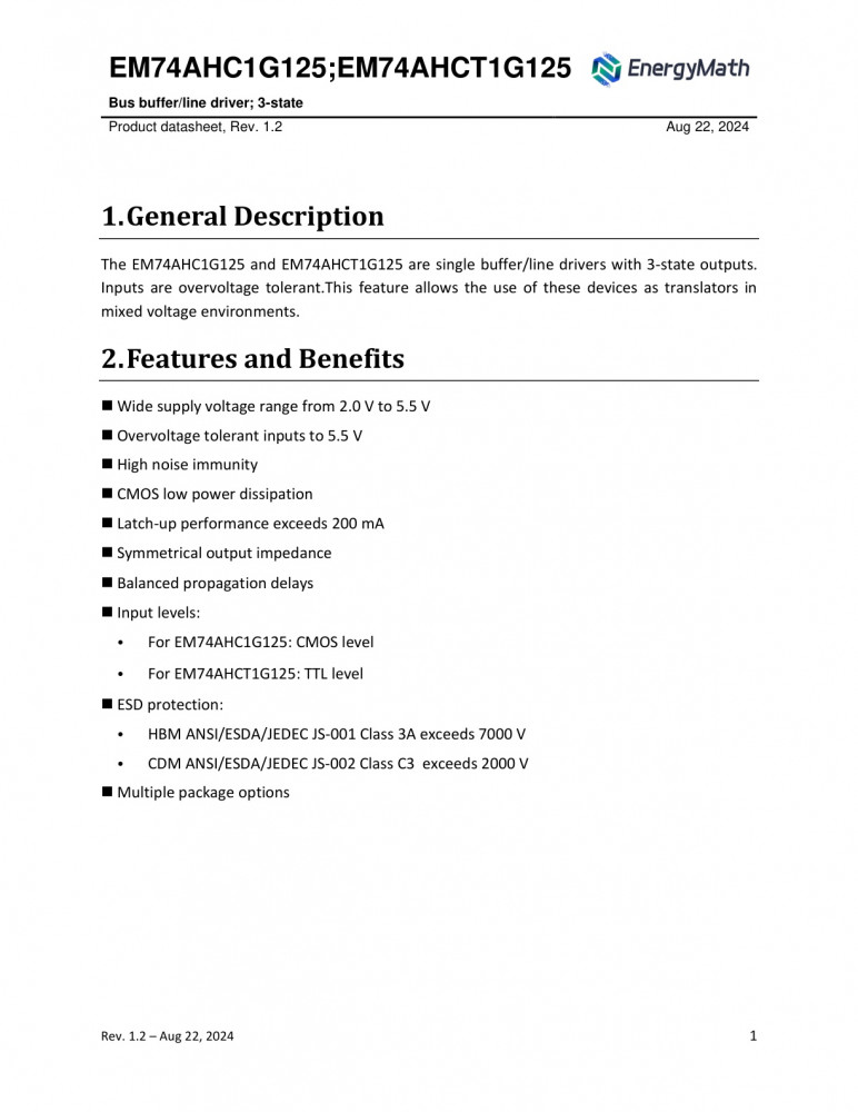 EM74AHC1G125GW datasheet page 1