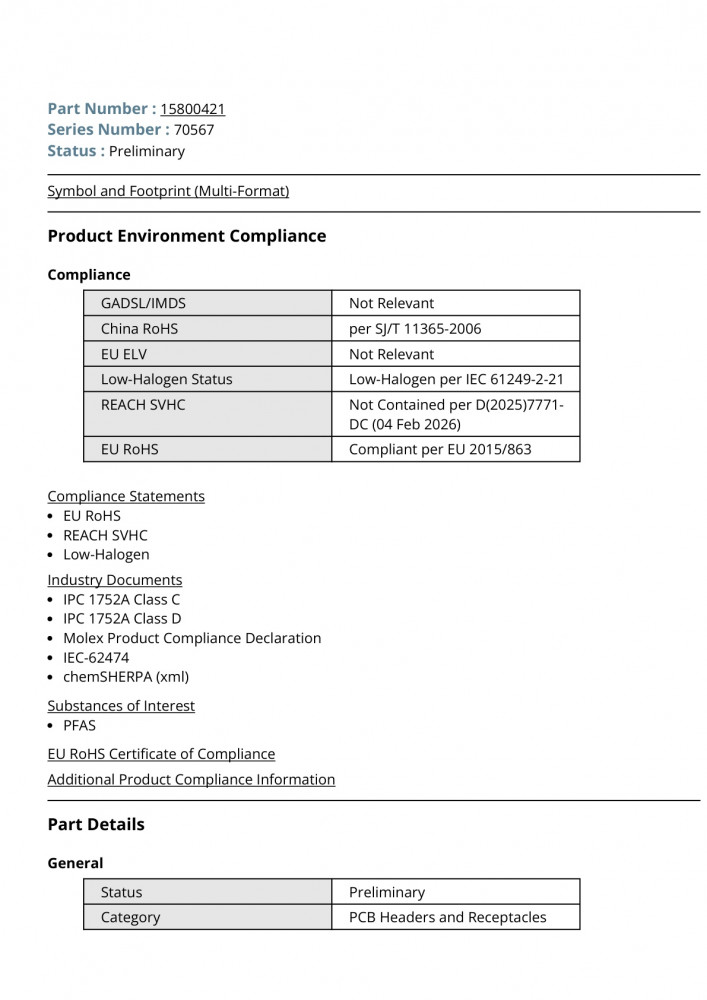 MOLEX 15800421 technical document, page 1