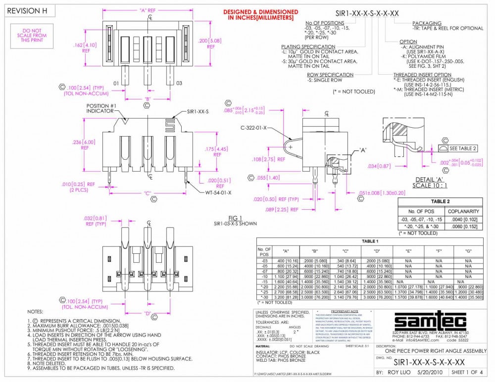 Samtec SIR1 drawing page 1